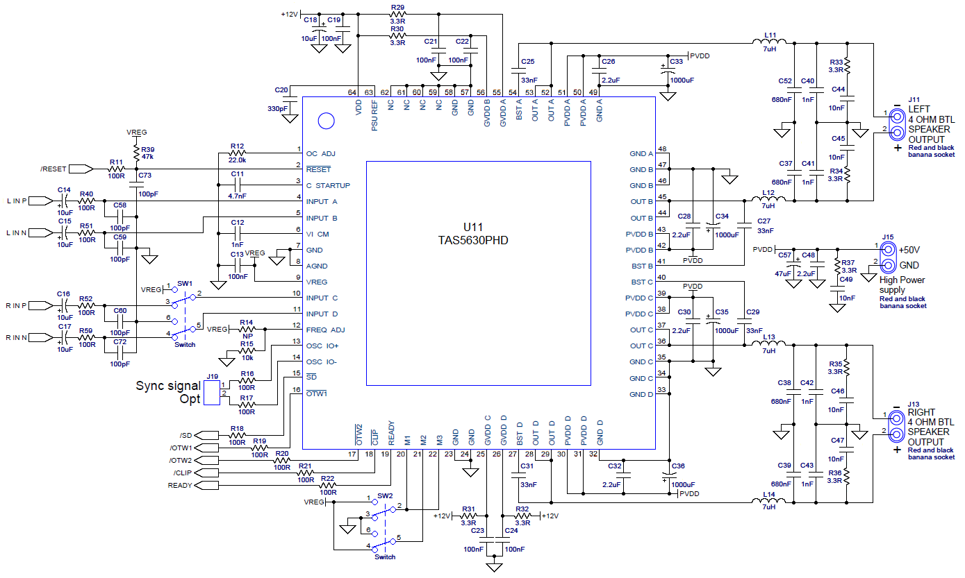 TAS5630PHD2EVM: 318W x2 @ 4Ω, 25 ~ 50V in, Class D